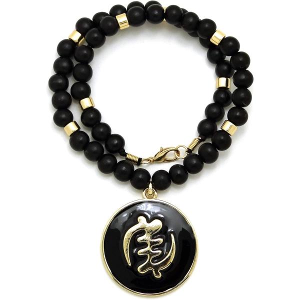 商品名CBC Crown Egyptian Adinkra Cleopatra Falcon Round Medallion Pendant 6mm 18""/20""/24""/30"" Wooden Bead Necklace in G...