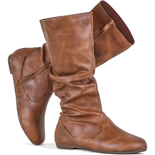 商品名katliu レディース スラウチ ミッドカーフブーツ ジップアップ フラットブーツ US サイズ: 7 カラー: ブラウンkatliu Women's Slouchy Mid Calf Boots Zip up Flat Boots...