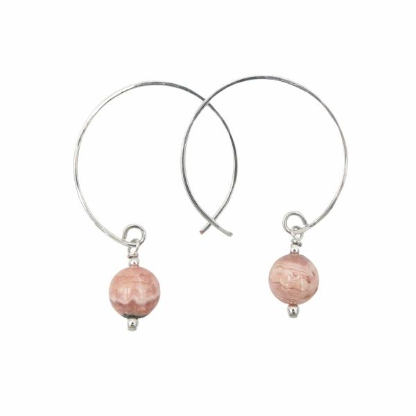 商品名Pink Rhodochrosite Hoop Curves ~ Natural Stone On Argentium Sterling Silver Earrings ~ Silver Hoop Earrings ~ Pink Ea...