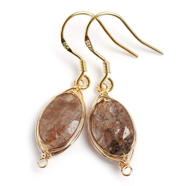 商品名Natural Stone Wire Wrap Dangle Drop Earrings Gold Plated 925 Sterling Silver Hook/Brown Rutile Quartz Oval Cutブランド：Sc...