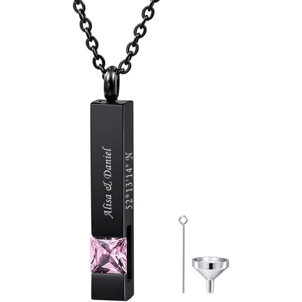 商品名MeMeDIY パーソナライズ 3D 垂直 立方体 バーペンダント 骨壺 ネックレス 名前/日付 カスタマイズされた誕生石 男性 女性 男の子 女の子 ペット ステンレススチール 遺灰 メモリアル 記念品 火葬 じょうごキット ブラッ...