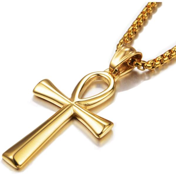 商品名YL アンククロスネックレス メンズ ステンレススチール 十字架ペンダント 24インチ ロロチェーン 18KゴールドジュエリーYL Ankh Cross Necklace for Men Stainless Steel Crucifi...