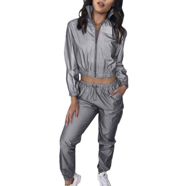 商品名:  xxxiticat Women's Reflective Two Piece Tracksuits Zipper Turn Down Collar Crop Top Drawstring Pants 2PCS Jackets O...
