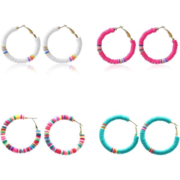 商品名4Pairs Rainbow Clay Beaded Hoop Earrings Handmade African Vinyl Disc Beads Earrings Boho Colorful Soft Polymer Clay L...