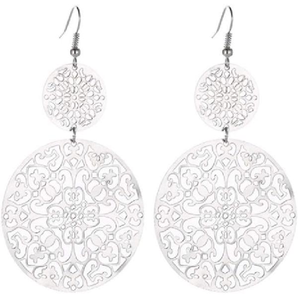 商品名KaFu 繊細なフィリグリー ディスクドロップイヤリング ダブルラウンドディスク ステートメントイヤリング ボヘミアメタリックディスク ダングルフックイヤリング レディース ガールズKaFu Delicate Filigree Dis...