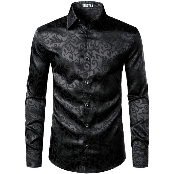 商品名: ZEROYAA メンズ ラグジュアリー ジャカード 長袖 ドレスシャツ シャイニーサテン スリム ウェディングパーティー プロムシャツ US サイズ: Large カラー: ブラック ZEROYAA Men's Luxury Ja...