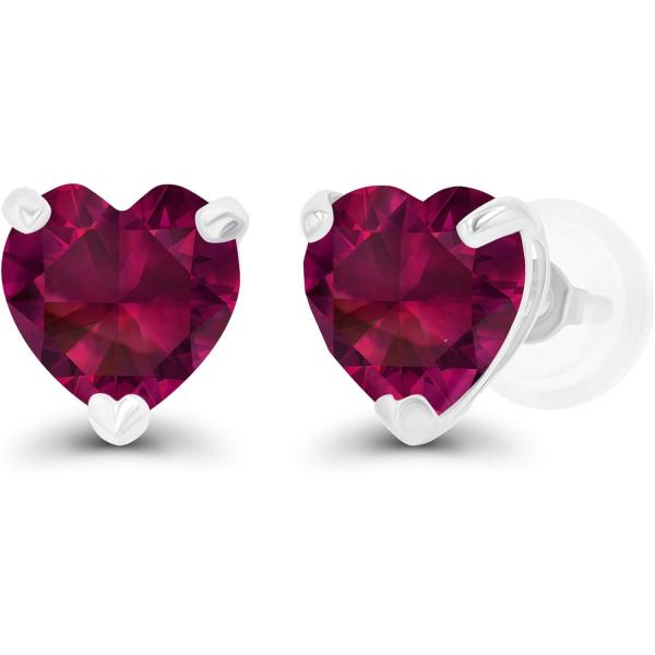 商品名ソリッド14Kゴールド 6mm ハート 本物の誕生石スタッドピアス レディース 低刺激性スタッド 天然または人工宝石 スタッドピアス レディース ガールズ, ホワイトゴールド 金属 石材 シリコーン, 合成ルビーSolid 14K W...