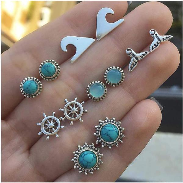 商品名Yokawe Boho Turquoise Stud Earrings Set Vintge Silver Crystal Gem Earrings Stud Multiple Ear Jewelry for Women and Gi...