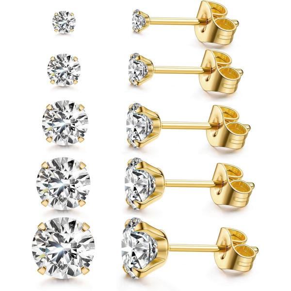 商品名レディース 14Kゴールドメッキ キュービックジルコニア スタッドピアス 人工ダイヤモンド ラウンドキュービックジルコニア イヤースタッドセット(5ペア), 金属, キュービックジルコニアKainier 5 Pairs 14K Gol...