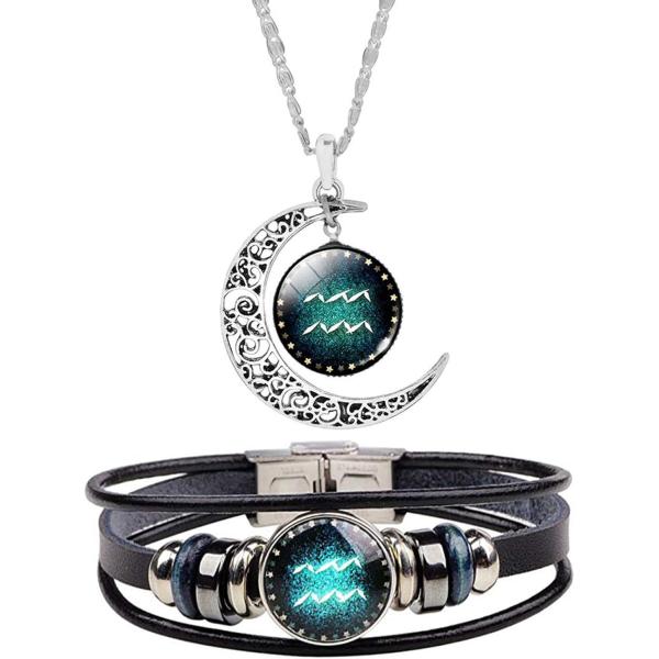 商品名HUASAI 12星座 手編みレザーブレスレットとムーンペンダントネックレス 星座 ジュエリーセットHUASAI Aquarius Necklace 12 Twelve Constellations Hand Woven Leathe...