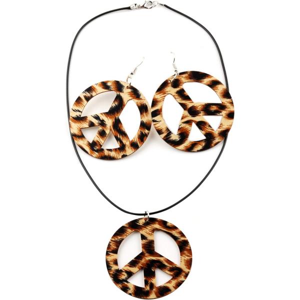 商品名tenghong2021ピースサインペンダントネックレスダングルイヤリングセット 木製ヒョウピースサインネックレスドロップイヤリング ヒッピーパーティーネックレスイヤリングセット ヒッピーボーホーコスチュームアクセサリーセット レディ...