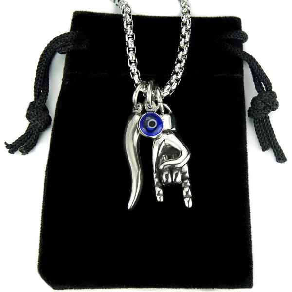 商品名Mano Cornuto、Cornicello、Nazarコンボネックレス、24インチボックスチェーン、イタリアラッキーハンドホーン アンチイーブルアイ 幸運のお守り 保護チャーム すべてステンレススチール メタル 0, 金属, 0M...