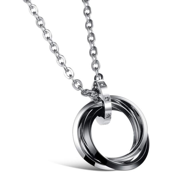 商品名Rockyu 3 Interlocking Ring Necklace for Men And Women Silver Stainless Steel Triple Ring Two Tone Pendant Inlaid Cubi...