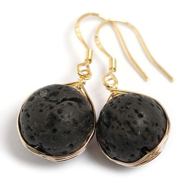 商品名Natural Stone Wire Wrap Dangle Drop Earrings 14K Gold Plated 925 Sterling Silver Hook/Volcanic Lava Rock Stone 12mmブラ...
