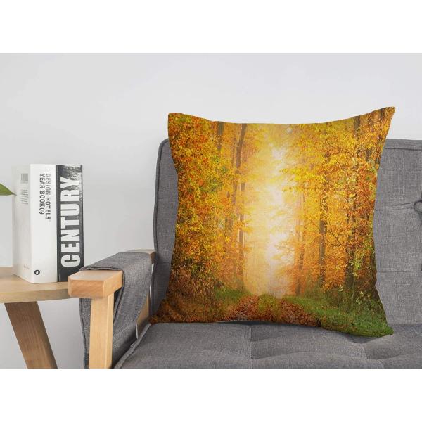 商品名:  Decorative Linen Square Throw Pillow Cover Morning Fog Beautiful Yellow Beech Tree Day Amber in Nature Lane Parks ...