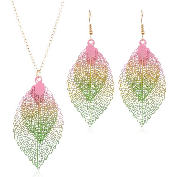 商品名Caiyao リーフロングペンダントネックレス ダングルイヤリング ジュエリーセット 繊細でカラフルなフィリグリーロングリーフネックレス ユニークなボヘミアンダブルレイヤーリーフチャームイヤリング レディース ガールズ, 金属, 金属...