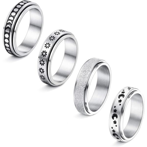 商品名Jstyle ステンレススチールフィジェットバンドリング レディース メンズ スピナーリング 花 月 スター クールリング ストレス解消 ウェディングプロミスリングセット 4個, ステンレススチール, キュービックジルコニアJstyl...