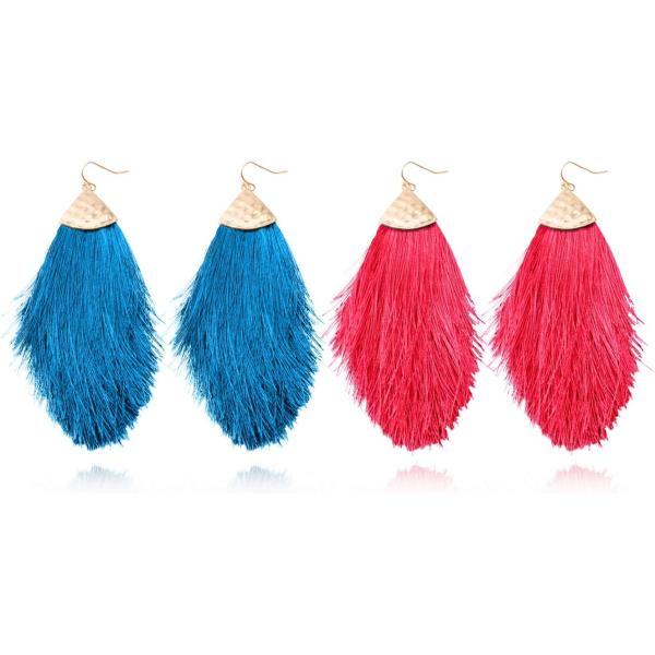 商品名シックなフリンジタッセルステートメントダングルイヤリング 軽量 ボーホー ロングフェザー ドロップ 女性用   ボヘミアン トライバル ハンマー加工 ゴールドトーン シルキースレッドストランド付きChic Fringe Tassel ...