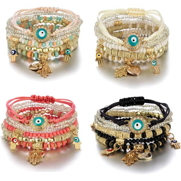 商品名ボヘミアンマルチレイヤー イーブルアイ ハムサ ファティマ ハンドシェルビーズブレスレット レイヤーストレッチスタッカブル アクリルビーズ保護ブレスレット レディース ガールズ お守り Goold Luckジュエリー 4個セットCai...