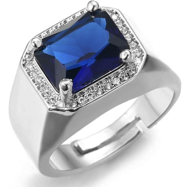 商品名Halukakah ダイヤモンドリング ブルージェムストーンクリスタル付き メンズ 18Kリアルホワイトゴールド プラチナメッキ アイスアウト受話器 人工ダイヤモンド ブラック瑪瑙 サイズ調整可能 無料ギフトボックス付きHalukak...