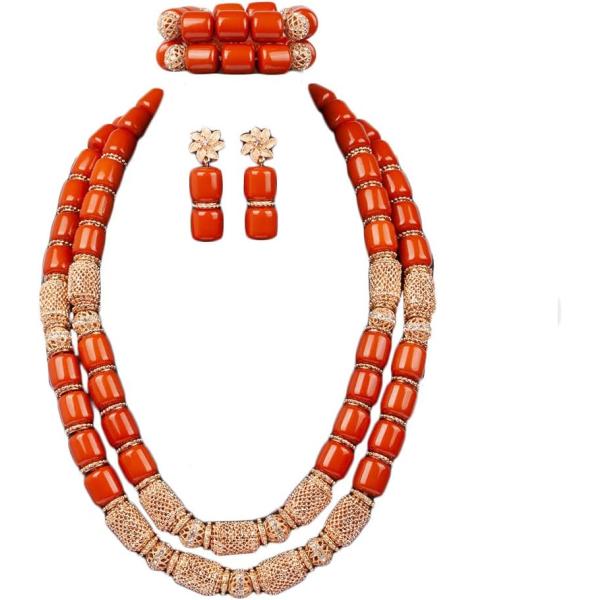 商品名Hibeads ナイジェリアウェディングアフリカンビーズジュエリーセット レディース イミテーションコーラルビーズとゴールドアクセサリー 長さ36インチ ネックレスイヤリングとブレスレット, 亜鉛, ラインストーンHibeads Ni...