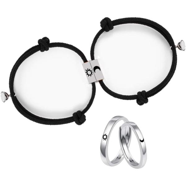 商品名4PCS Sun and Moon Couple Promise Jewelry Set Black Hand-Woven Bracelets Couple Opening Rings for Lovers Best Friendsブ...