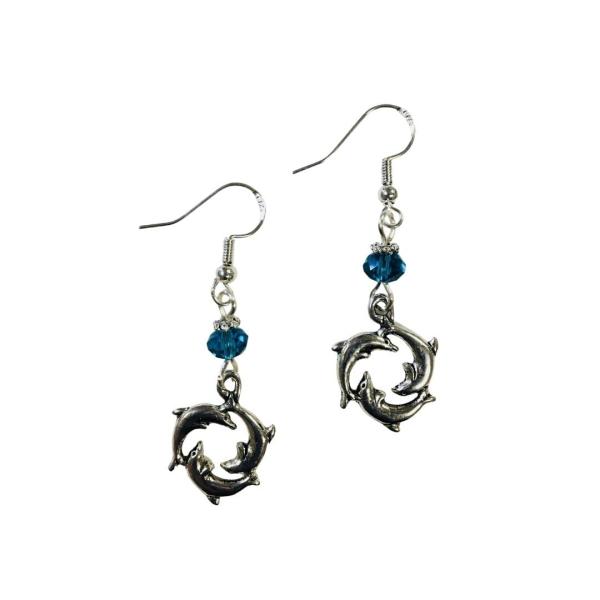 商品名Circle of Dolphin Sealife Earrings with blue crystal accent beads, perfect for the beach and marine lover! On sterlin...