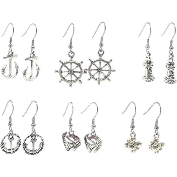 商品名Seashell Crafter 6 Pair Set of Nautical Silver Charm Earrings Mix and Match Multiple Dangle Earring Anchor Ship's Whe...