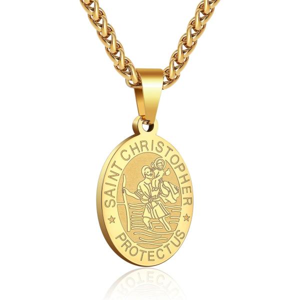 商品名RS Gold St. Saint Christopher Pendant Necklace for Men Boys Stainless Steel St Christopher Medal with Chain 24 Inchブラ...