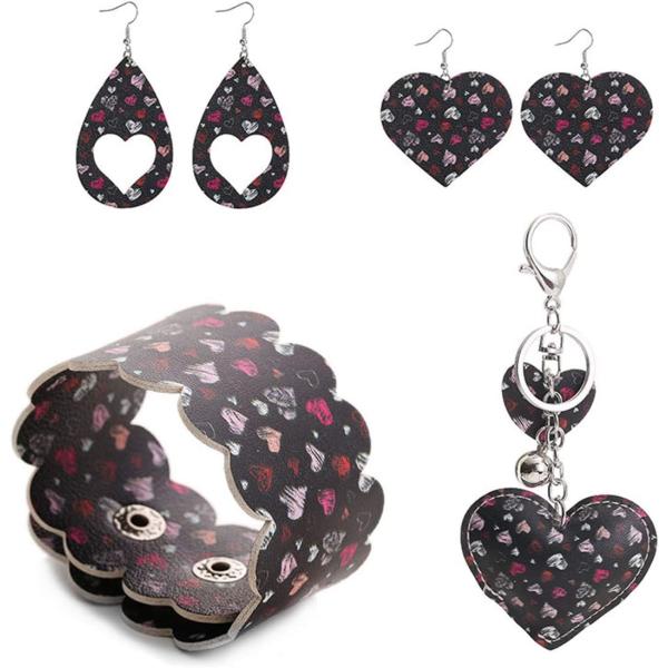 商品名ASHMITA 4ペア バレンタインデーダングルティアドロップイヤリング ハートフラワープリント キーチェーンブレスレットセット レディース ガールズ ブラックASHMITA 4 Pairs Valentine's Day Dangl...