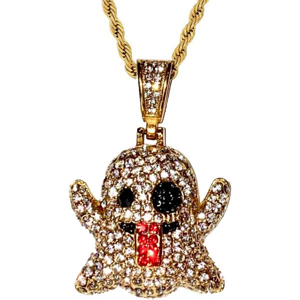 商品名メンズ レディース 925 14Kゴールド仕上げ アイスマイクロパヴェ カートゥーンキャラクター ゴーストスナップ 絵文字チャームネックレス アイスアウトペンダント ステンレススチール リアル2mmロープチェーンネックレス CZダイヤ...