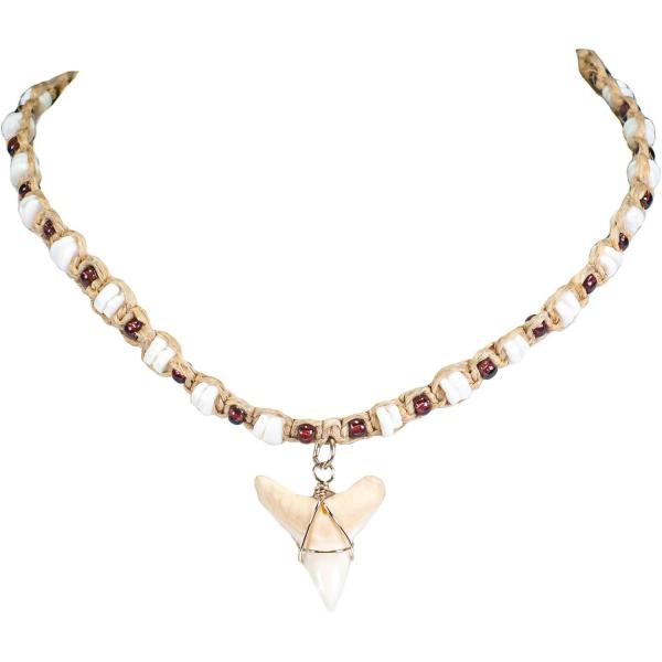 商品名BlueRica サメの歯ペンダント 麻チョーカーネックレス プカシェル付き, 天然繊維BlueRica Shark Tooth on Hemp Choker Necklace with Purple Beads and Puka S...