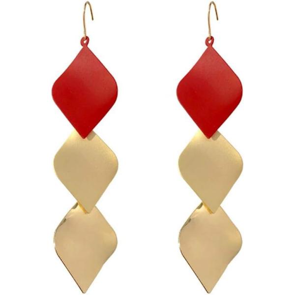 商品名ロングスクエアダングルドロップイヤリング 軽量 ファッション 幾何学的イヤリング スクエア ゴールド ステートメント ダングル イヤリング ミニマリスト 光沢 シンプル プレーン 幾何学模様 フラットフープイヤリング レッドLong ...