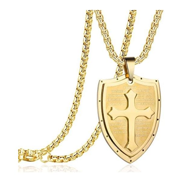 商品名MAKEZTSD メンズ シールド 神の鎧 エペソ人への手紙6:16-17 信仰の十字架 ステンレススチール 信仰の盾 ペンダントネックレス ジュエリーギフトネックレス ゴールドMAKEZTSD Men Shield Armor of...