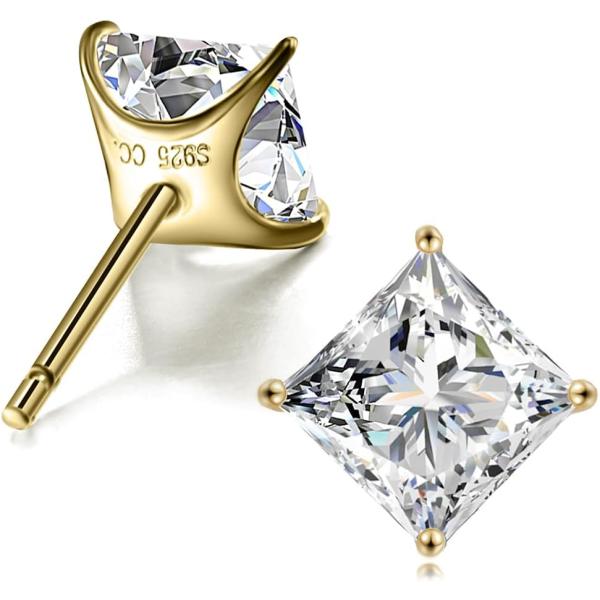 商品名""STUNNING FLAME"" 18Kゴールドメッキ スターリングシルバー プリンセスカット キュービックジルコニア スタッドピアス メンズ レディース (6-Y), キュービックジルコニア シルバー, キュービックジルコニア”...