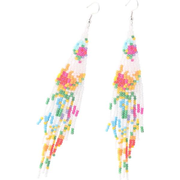 商品名ロングビーズタッセルピアス   ボヘミアンフラワーフリンジドロップピアス シードビーズトライバルダングルピアス Pendientes De Borla レディース ガールズ 姉妹 恋人 パーティー用 ホワイトLong Beaded T...