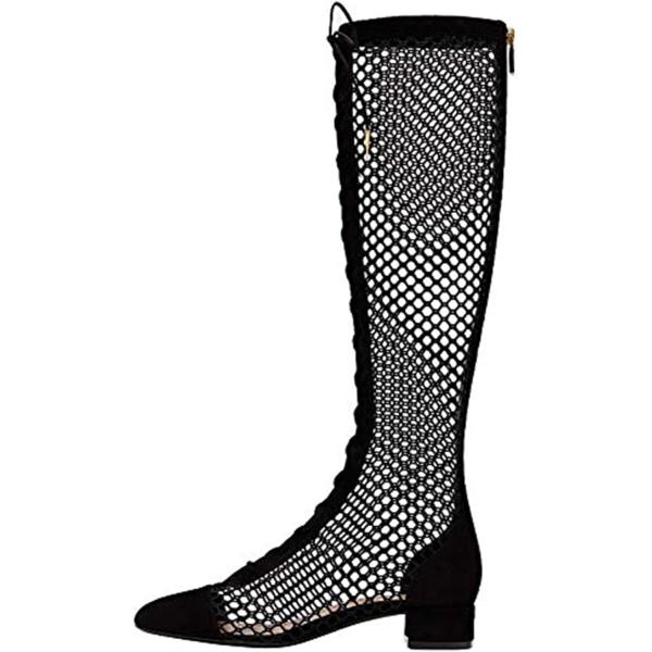 商品名Goolita スクエアトゥ レースアップ メッシュ グラディエーター サンダル レディース ニーハイ サマーブーティ バックジッパー ブロック ローヒール サンダル ブーツ, ブラック, 9Goolita Square Toe La...