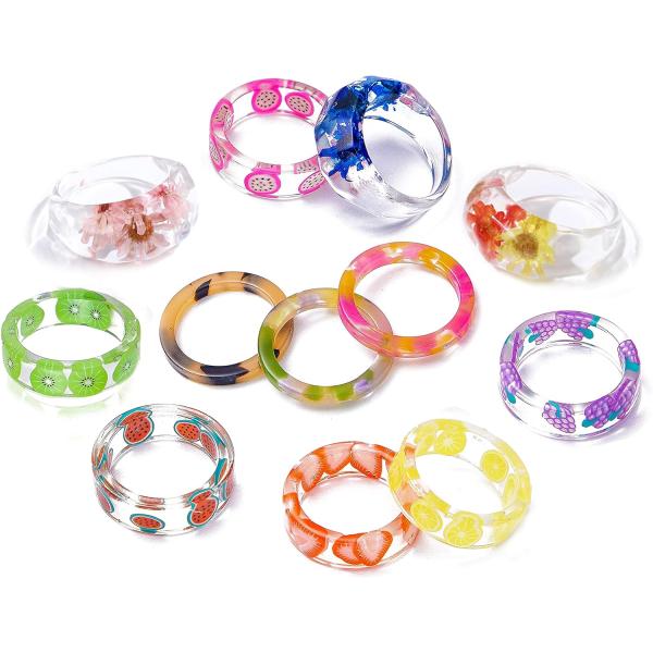 商品名MOROYA カラフルな樹脂リング 女性用 フラワー レモン イチゴ 樹脂 フルーツリング アクリル チャンキーリング クリア プラスチック フィンガーリングセット サイズ6-9 20個, プラスチック, 合金MOROYA 12PCS...