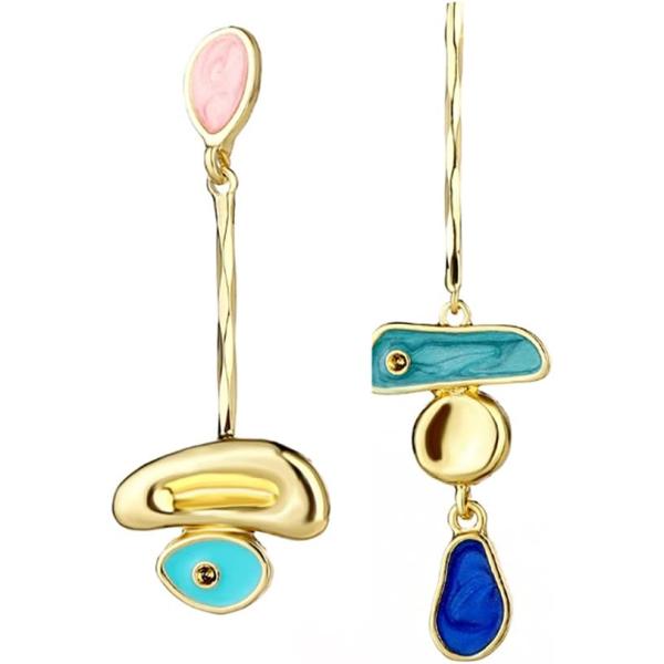 商品名幾何学模様アシンメトリーステートメントドロップイヤリング ボヘミアンゴールドメッキ カラフルエナメルデザイン 不規則 ラウンドオーバルダングルイヤリング レディース ガールズ ファッションジュエリーGeometric Asymmetr...