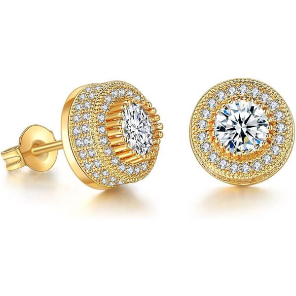 商品名Apzzic アイスアウト キュービックジルコニア ラウンドスタッドピアス ヒップホップ ゴールドメッキ 低刺激性 男女兼用, 金メッキ 人工ダイヤモンド, キュービックジルコニアApzzic Iced Out Cubic Zirco...