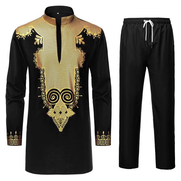 商品名:  YND Men's Dashiki Set, West African Traditional Tribal Pattern Printed Mandarin Collar Pullover Shirt with Pants, ...