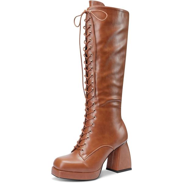 商品名Castamere Womens Mid-Calf Platform Chunky Heel Boots Square-Toe Lace Up Boot with Zipper 8.5CM Block Heels Brown Matt...