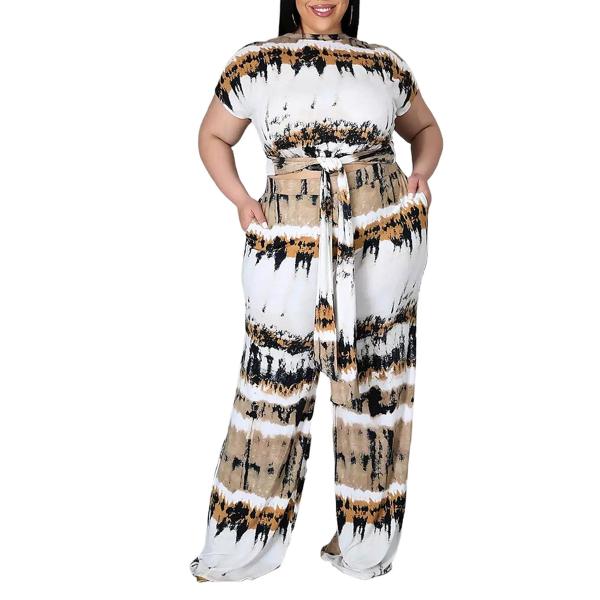 商品名:  SOMTHRON Women's Plus Size 2 Piece Outfits Tie Dye Print Short Sleeve Tied Knot Crop Top Wide Leg Pockets Long Pan...