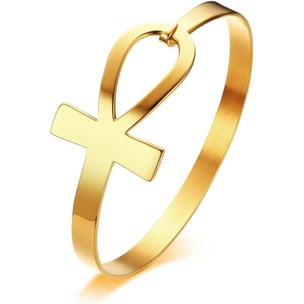 商品名Hisatan Stainless Steel Egyptian Ankh Cross Key of Life Open Cuff Bangle Bracelet for Women,Gold Platedブランド：Hisatan商品...