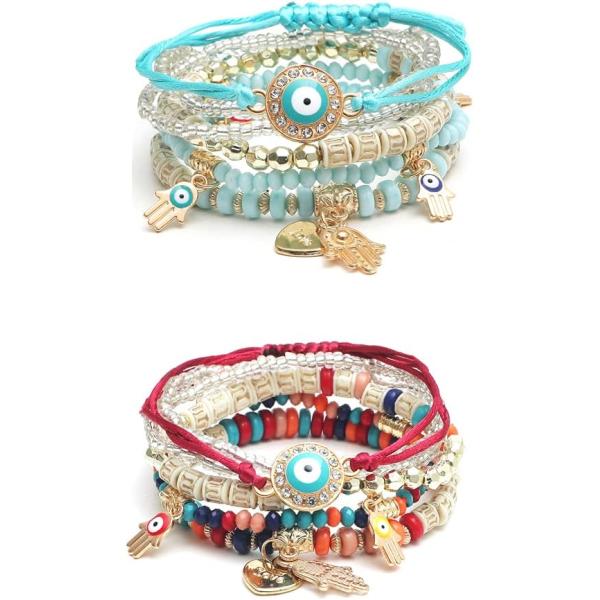 商品名COLORFUL BLING ボヘミアンストレッチビーズブレスレット 4/2セット マルチレイヤー イーブルアイ ハムサハンド ブレスレット ボーホー チャーム スタッカブル ブレスレット ハンドメイド マルチカラー クリスタル ビー...