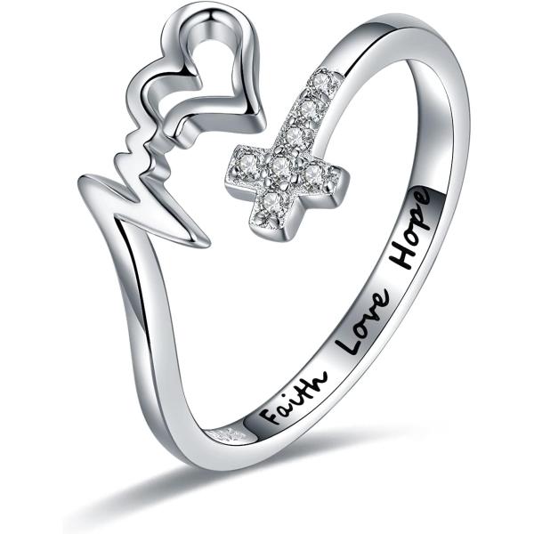 商品名EJALEN S925 スターリングシルバー ホワイト/ブルー オパール 信仰 希望 愛 リング クロス ハート リング 調節可能 インスピレーション Faith Over Fear ジュエリー イエス クリスチャン ギフト 女性 テ...