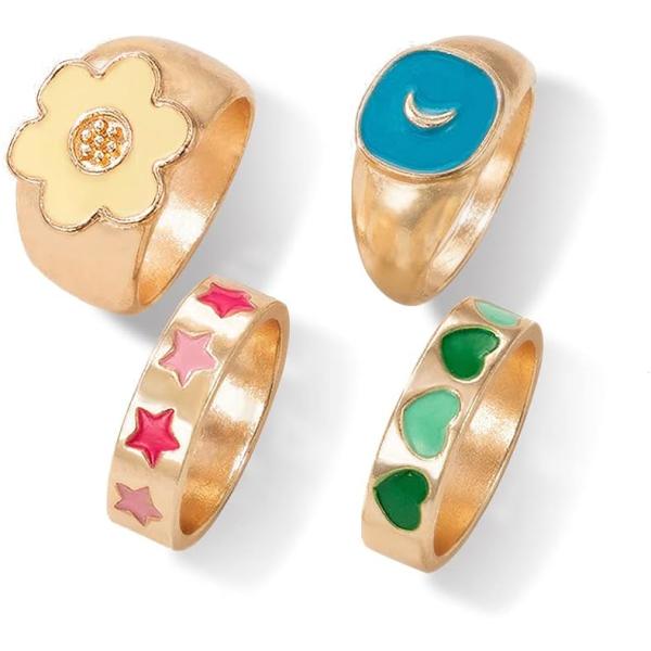 商品名4ピース カラフル 星 ハート チャンキーリング ゴールド エナメル バンド リングセット レディース ガールズ カップル フラワー ドーム シールリング スタッカブル フィンガーリング, 合金, 合金。,YOOESTORES82 4...