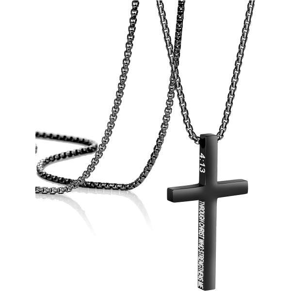 商品名JoycuFF ブラック 十字架ネックレス メンズ キリスト教 信仰 宗教 ミニマリスト 洗礼 古典 聖書の言葉 友情 ジュエリー 祈り ギフト ブラックメッキ ステンレススチールチェーン 長さ16-30インチ, ステンレス鋼, ライ...
