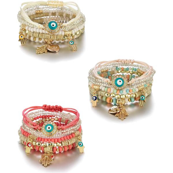 商品名COLORFUL BLING 3 Sets Bohemian Multilayer Stretch Bead Evil Eye Bracelet Hamsa Fatima Palm Hand Stackable Ojo Protect...