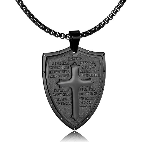 商品名十字架ネックレス メンズ 十字架ネックレス メンズ 神の鎧 ブラック 十字架ネックレス 男性用 盾 神の鎧 エペソ人への手紙 6:16-17 信仰 十字架 ステンレススチール ペンダントネックレス, 1.73*1.22 Inch, ス...